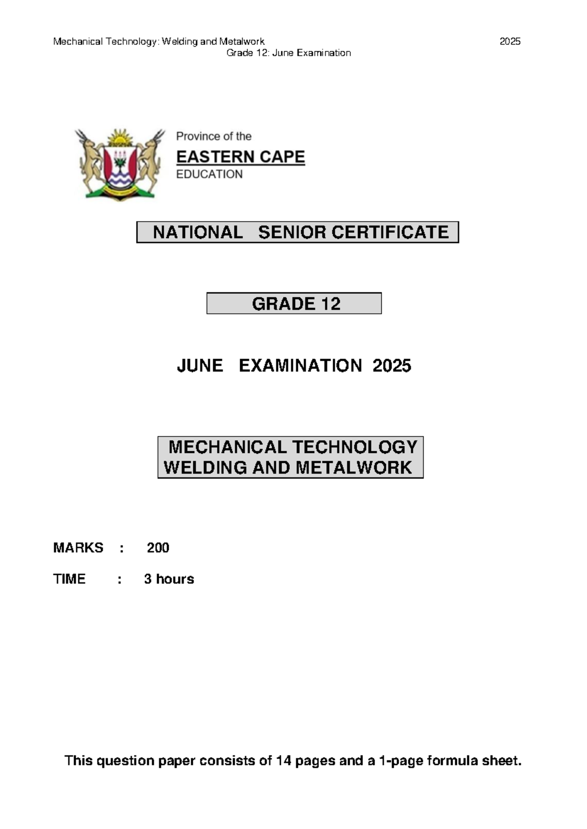 Mechanical Technology: Welding & Metalwork Grade 12 June Exam 2025 ...