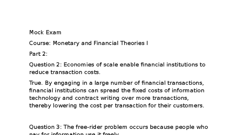 Mock Exam: Monetary and Financial Theories I - Key Concepts and ...