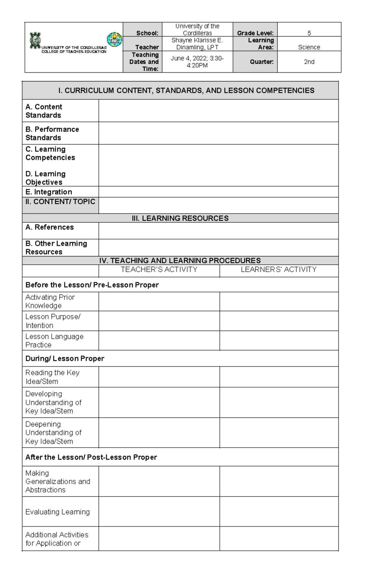 Matatag-Curriculum-Lesson-Plan-Template-Grade5-Science - Studocu