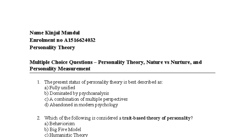Personality Theory MCQs: Nature vs Nurture Insights (PSY101) - Studocu