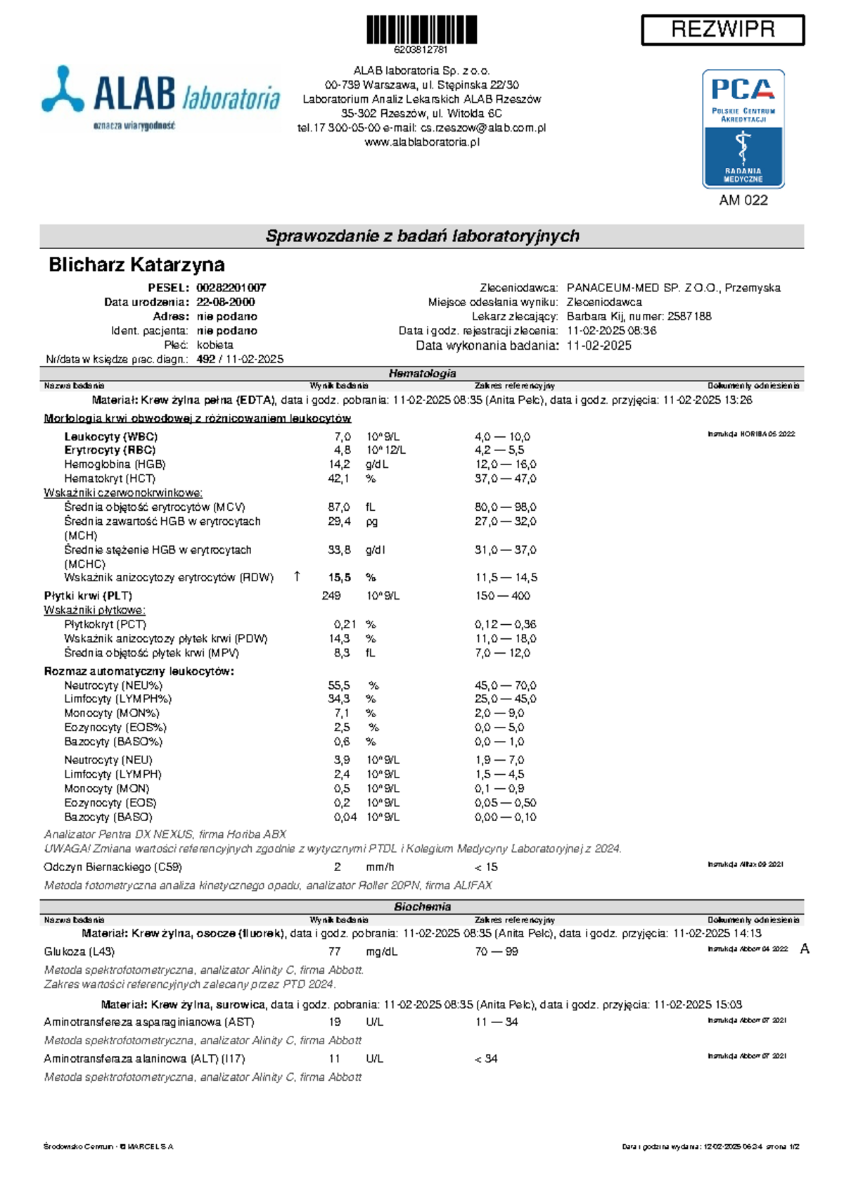 Laboratory Test Report for Patient Blicharz Katarzyna - REZWIPR ...