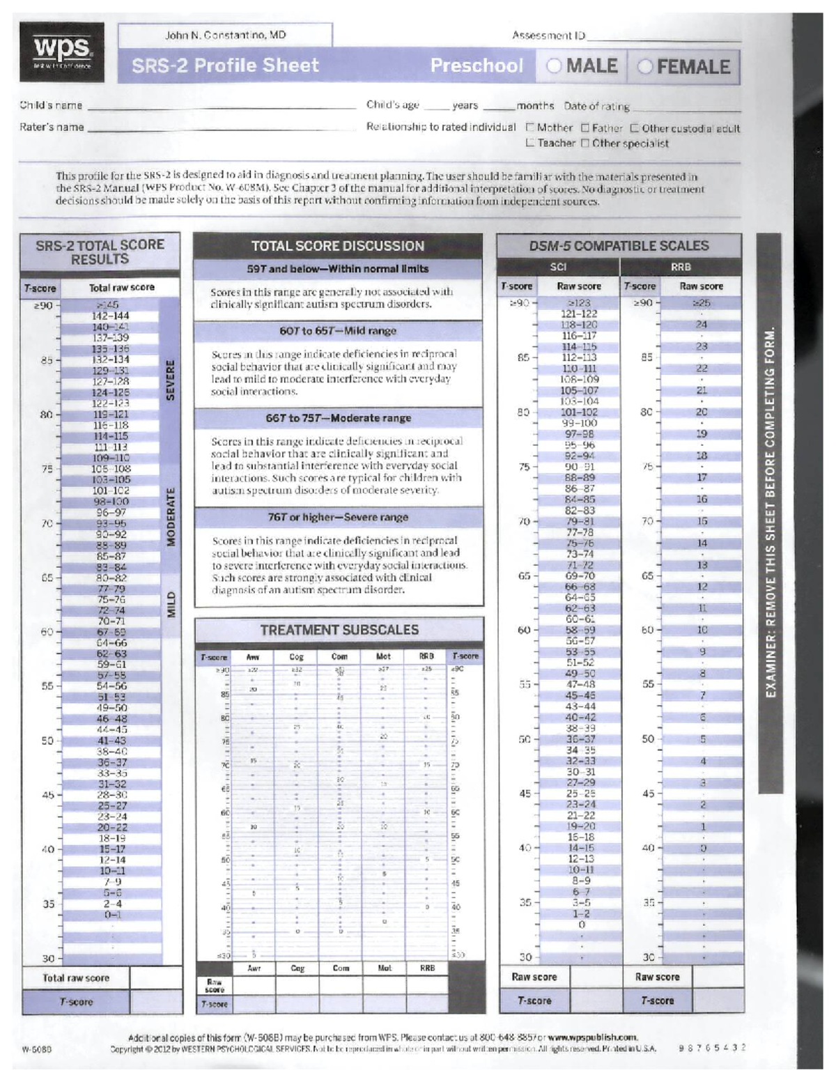 SRS-2 Preschool Assessment Profile Sheet (John N. Constantino, MD ...