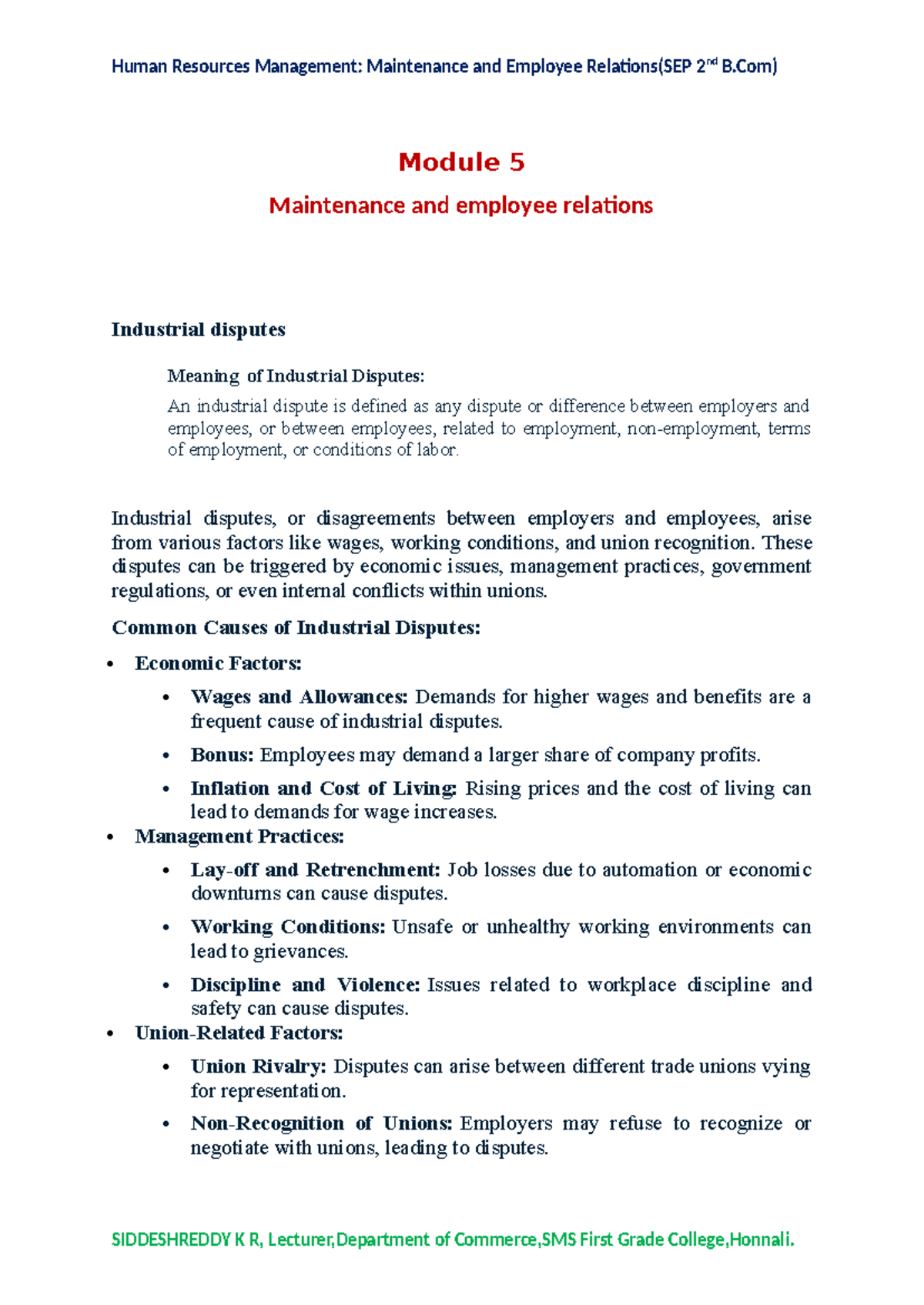 Human Resources Management: Module 5 - Industrial Disputes & Employee ...