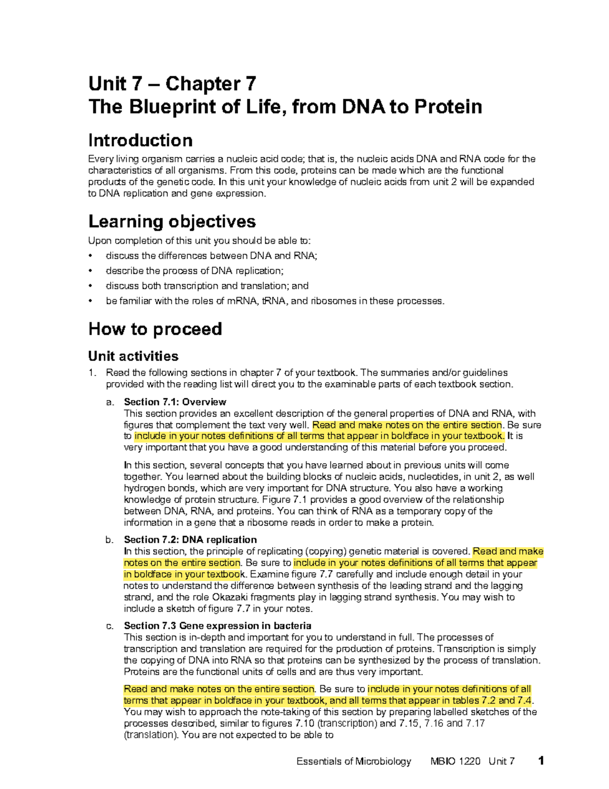 Unit 7 MBIO 1220: The Blueprint of Life - DNA to Protein Overview - Studocu