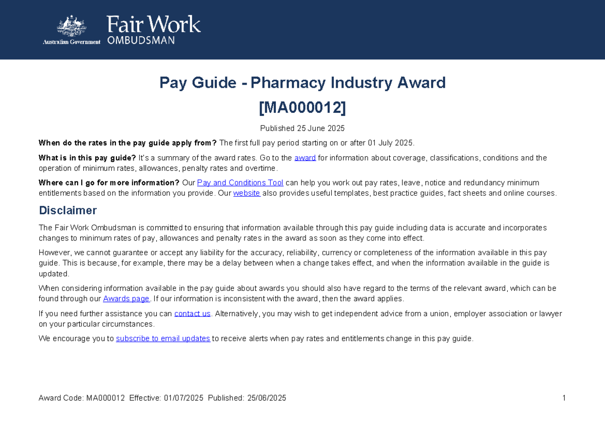 Pay Guide for Pharmacy Industry Award MA000012 Effective 1 July 2025 ...