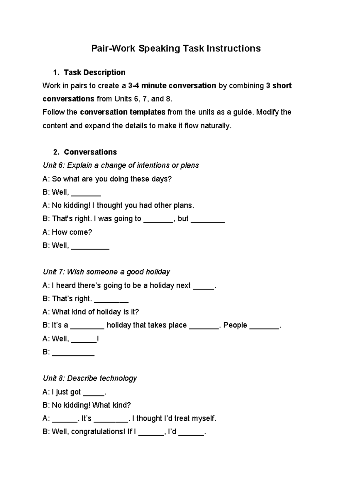 Pair-Work Speaking Task Instructions - Task Description Work in pairs ...