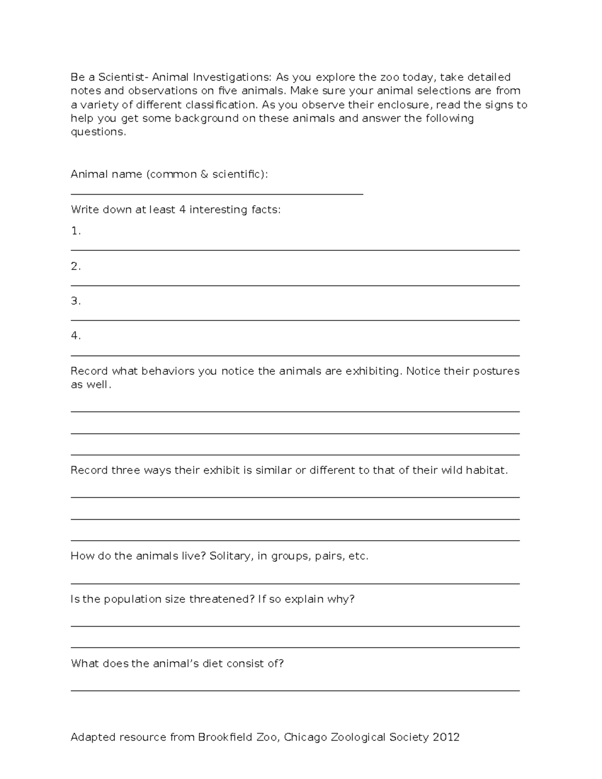 Zoo Inquiry: Field Trip Activity for Observing Animal Behavior - Studocu