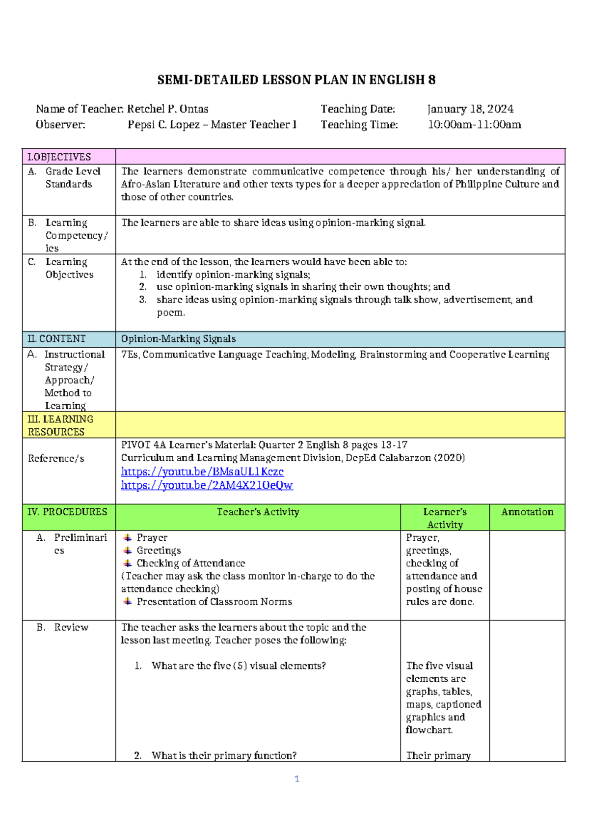 Semi-Detailed Lesson Plan on Opinion Marking Signals - SEMI-DETAILED ...