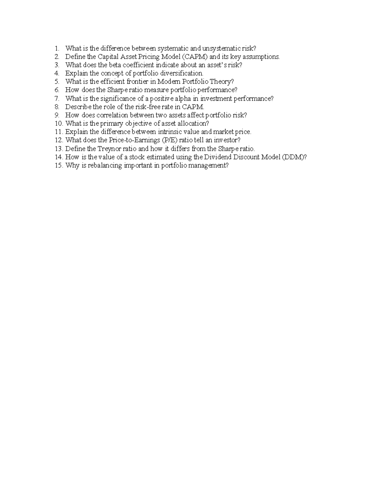 Finance Assignment Questions: Systematic vs. Unsystematic Risk & CAPM ...