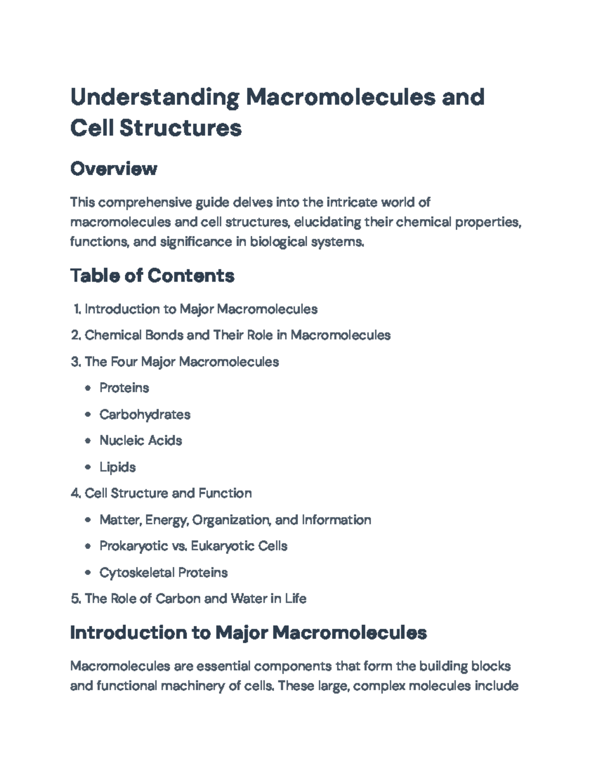 Understanding Macromolecules and Cell Structures: Key Concepts (BIO101 ...