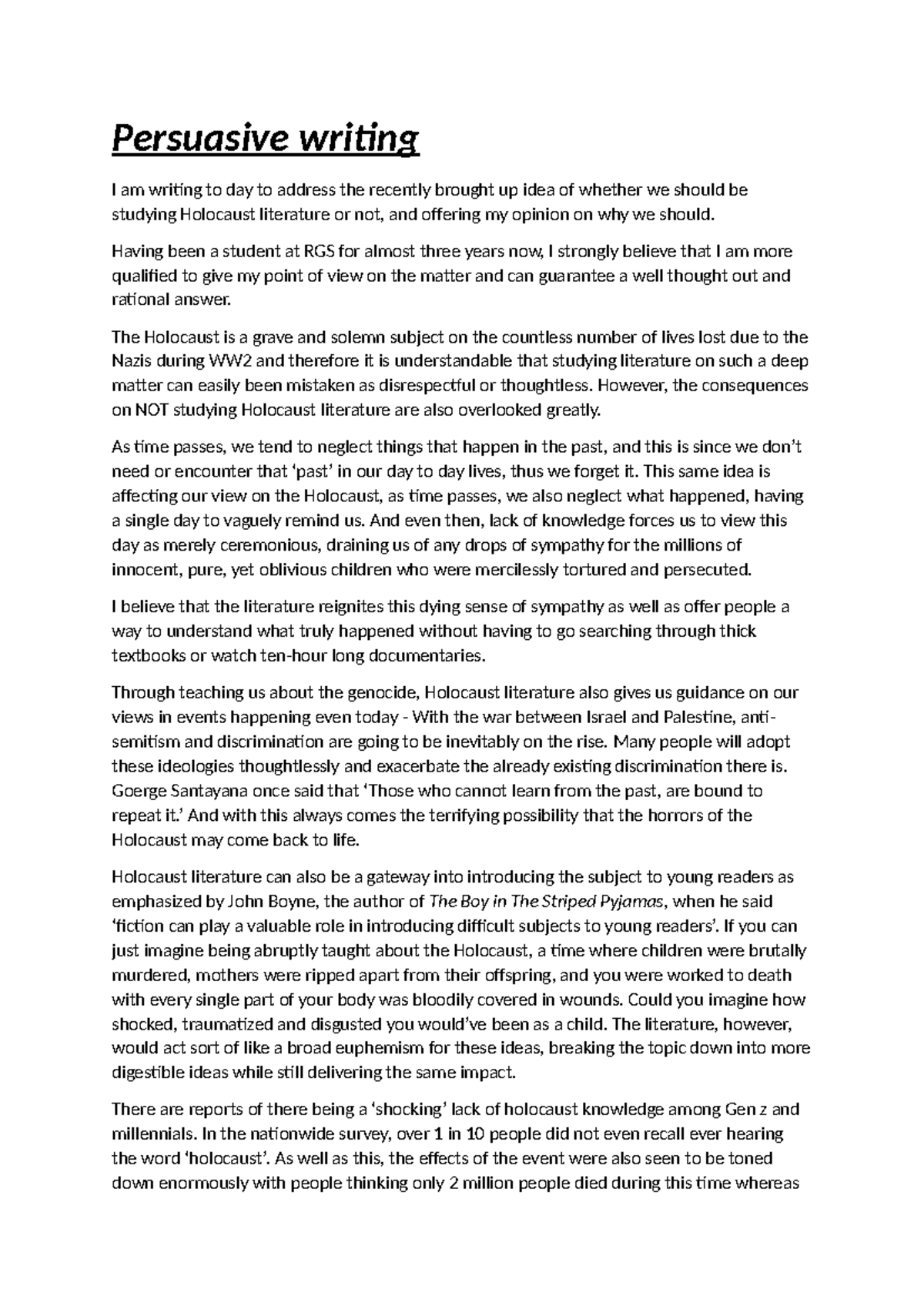 Persuasive Essay on Holocaust Literature: Importance & Impact - Studocu