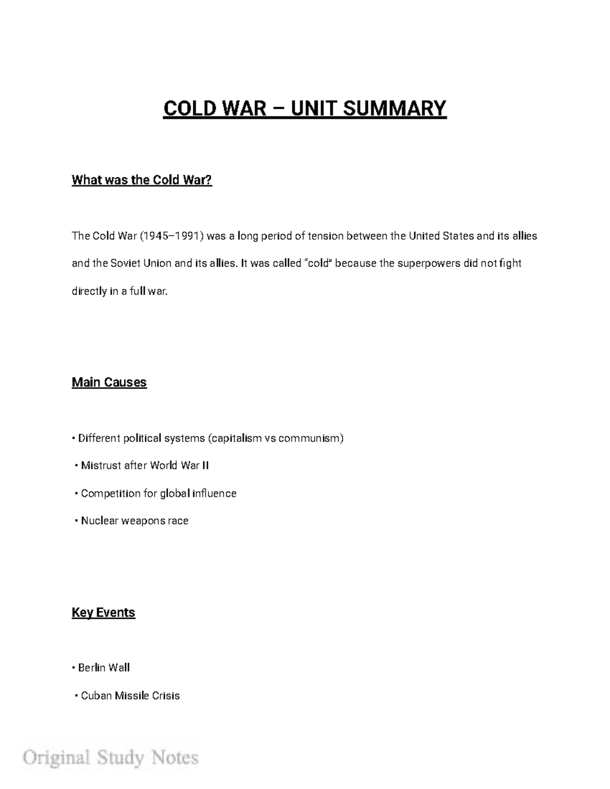 COLD WAR - UNIT Summary - These notes give a clear overview of the Cold ...