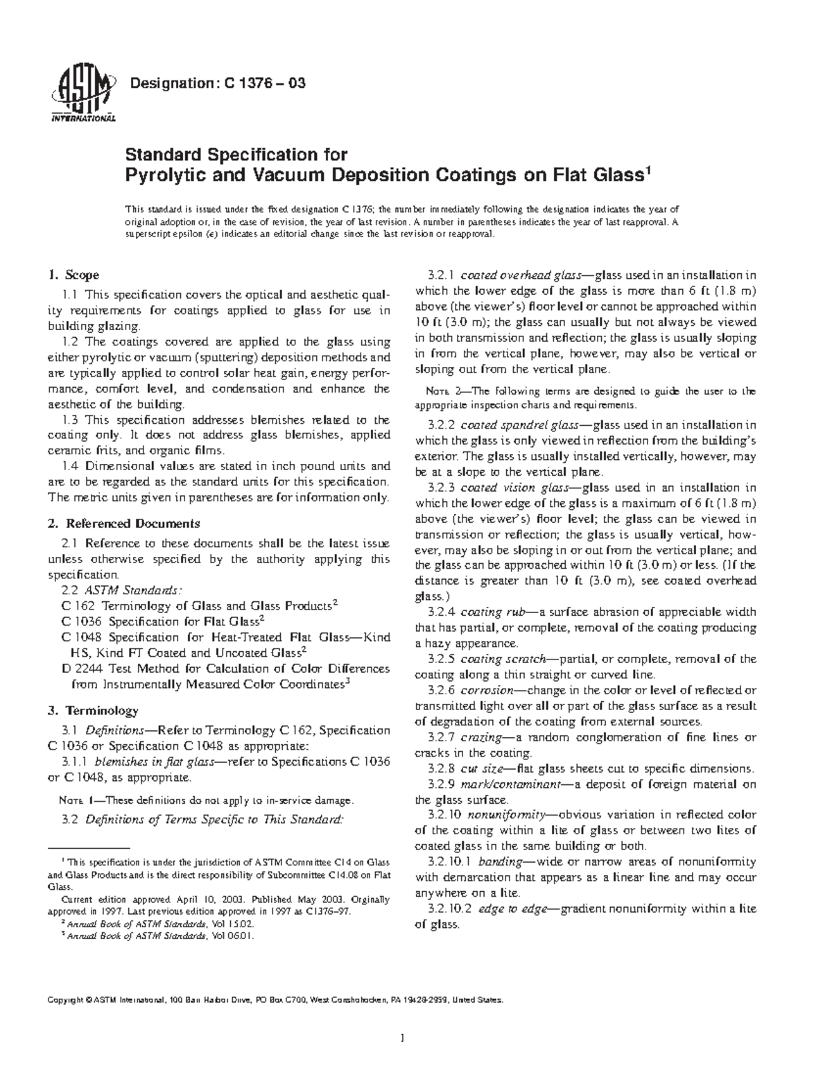 ASTM C 1376-03 Standard Spec for Pyrolytic & Vacuum Coatings on Glass ...