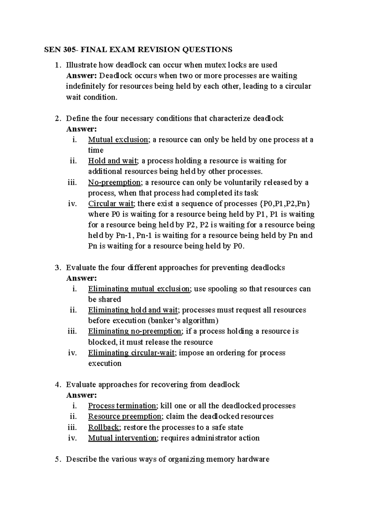 SEN 305 - Final Exam Revision Questions & Answers - Studocu