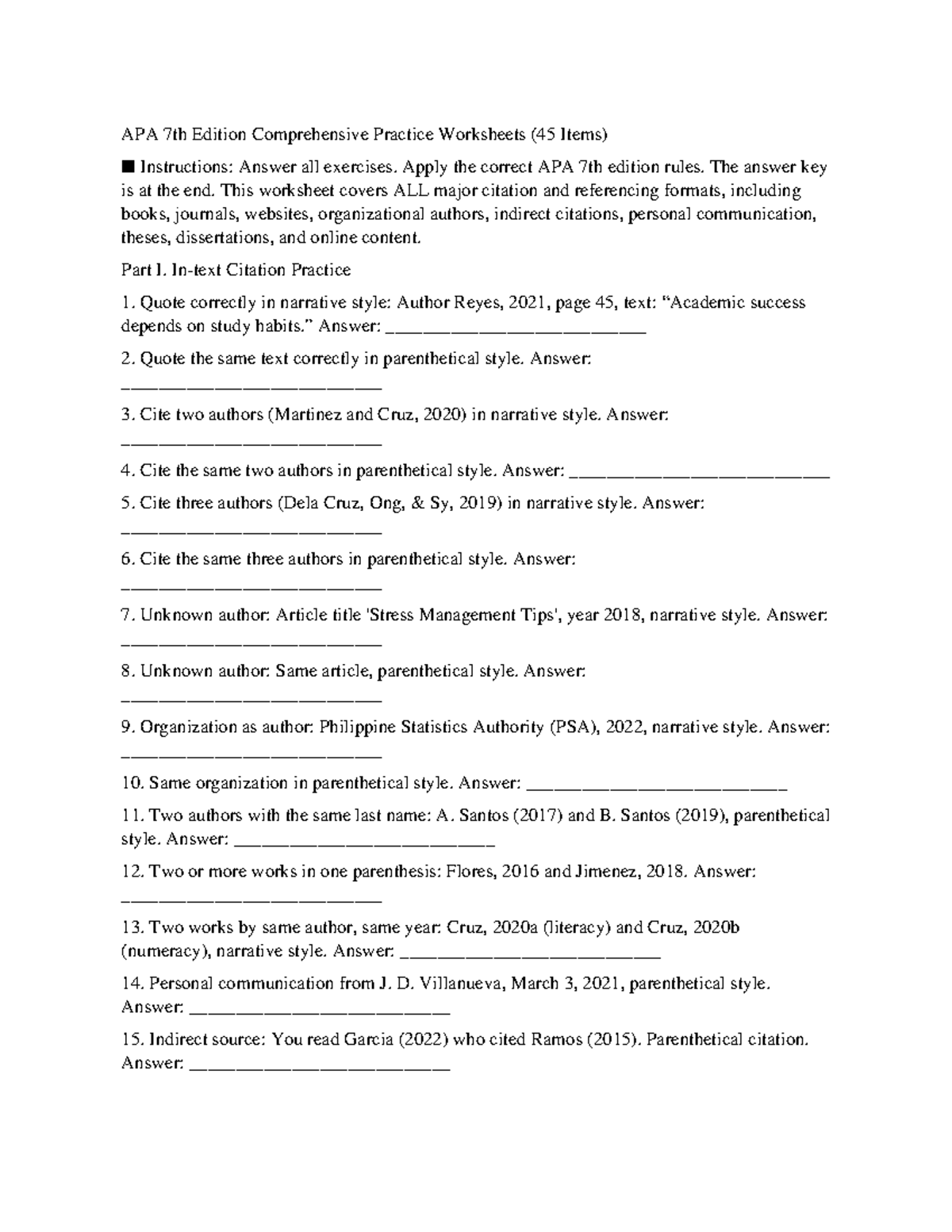 APA 7th Edition Practice Worksheets: Citation & Reference Exercises ...