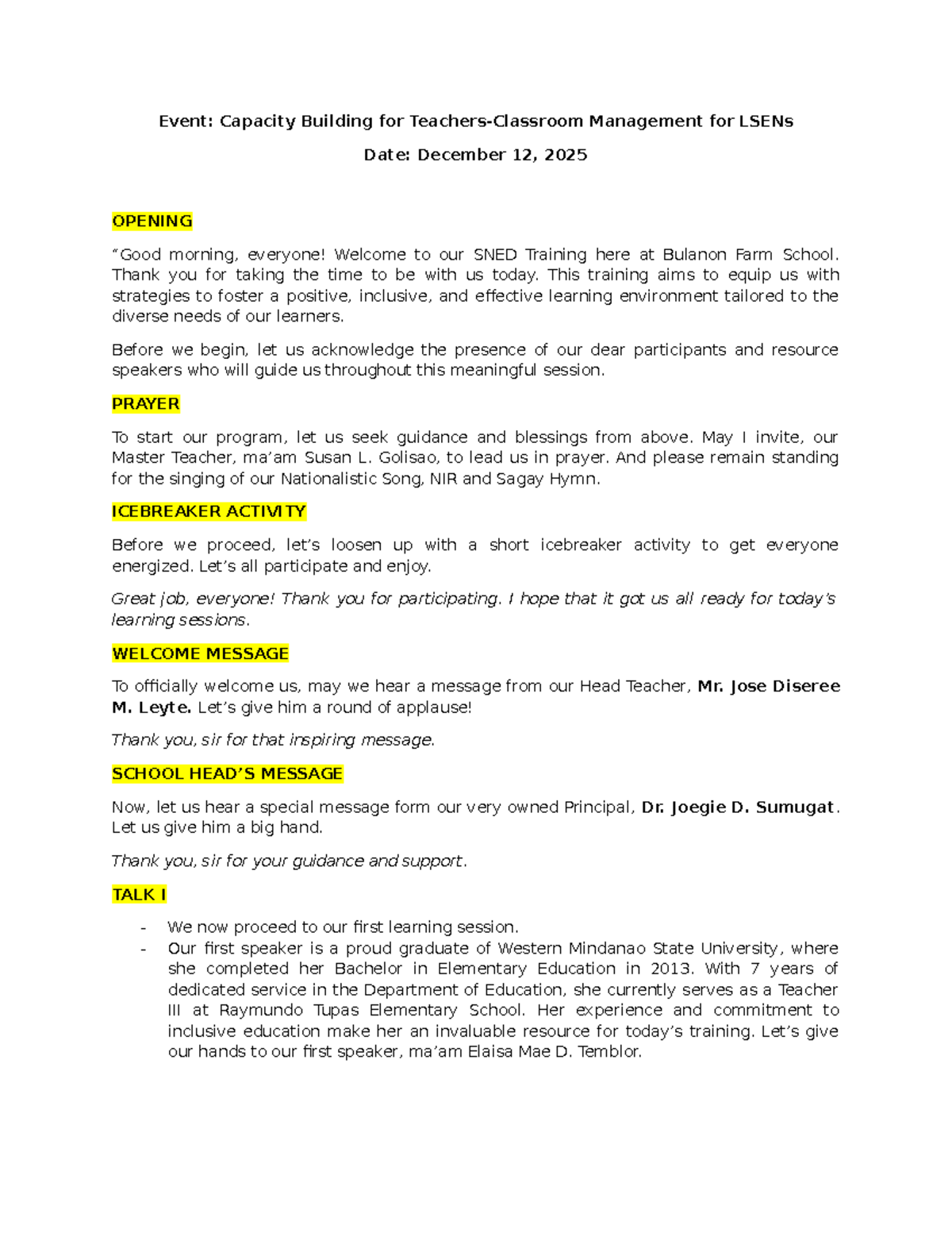 Emcee Script for SNED Training: Capacity Building for LSENs - Studocu