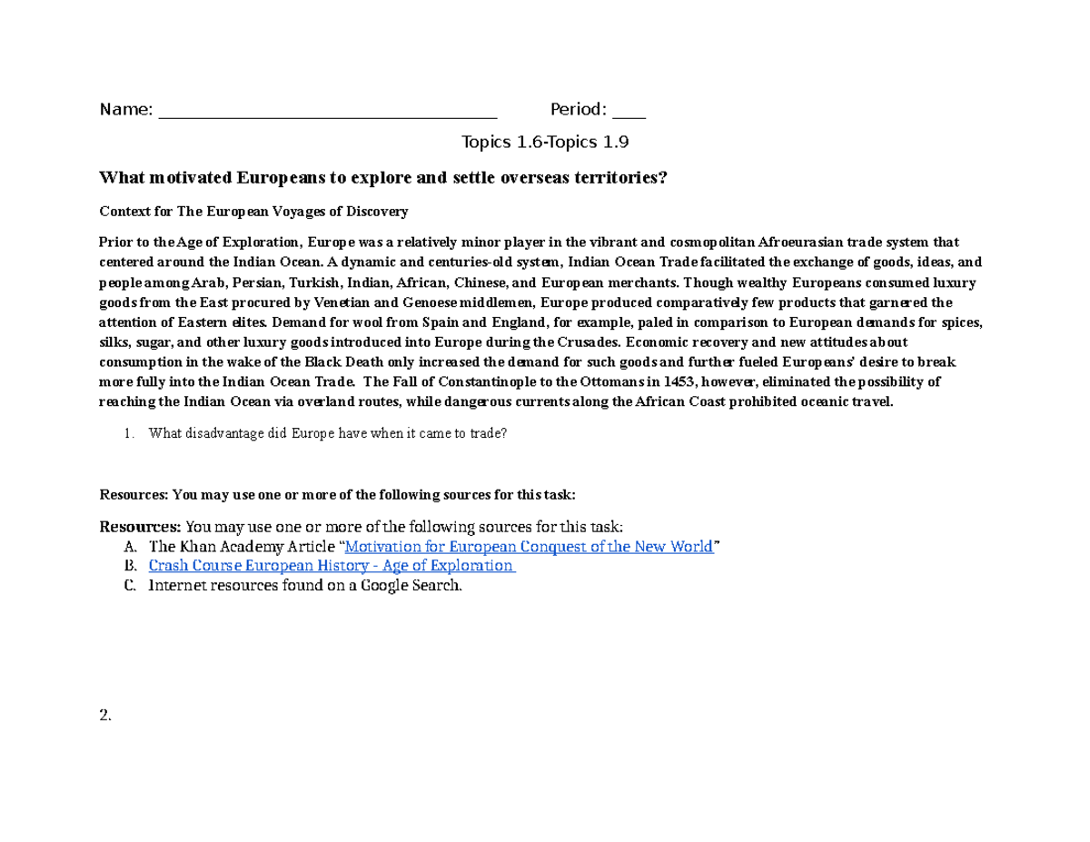 Topics 1.6-1: Motivations Behind European Exploration & Settlement ...