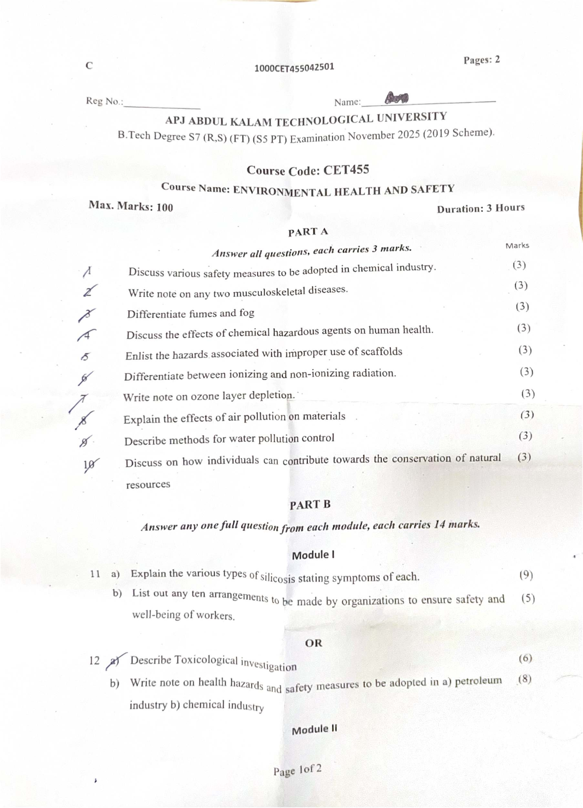 EHS CET455 Question Paper - B. Tech S7 Exam Nov 2025 - Studocu