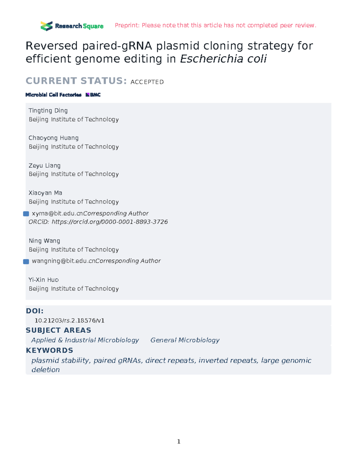 Reversed Paired-gRNA Plasmid Cloning Strategy for E. coli Genome ...