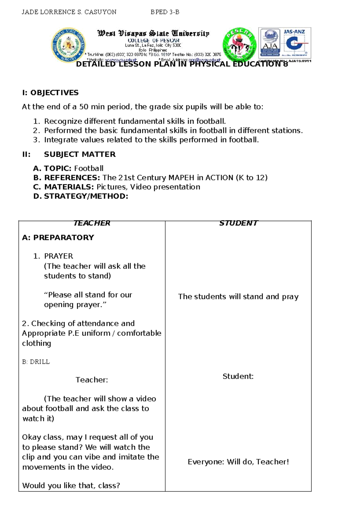 Detailed Lesson Plan: Football Fundamentals for PE 8 Class - Studocu