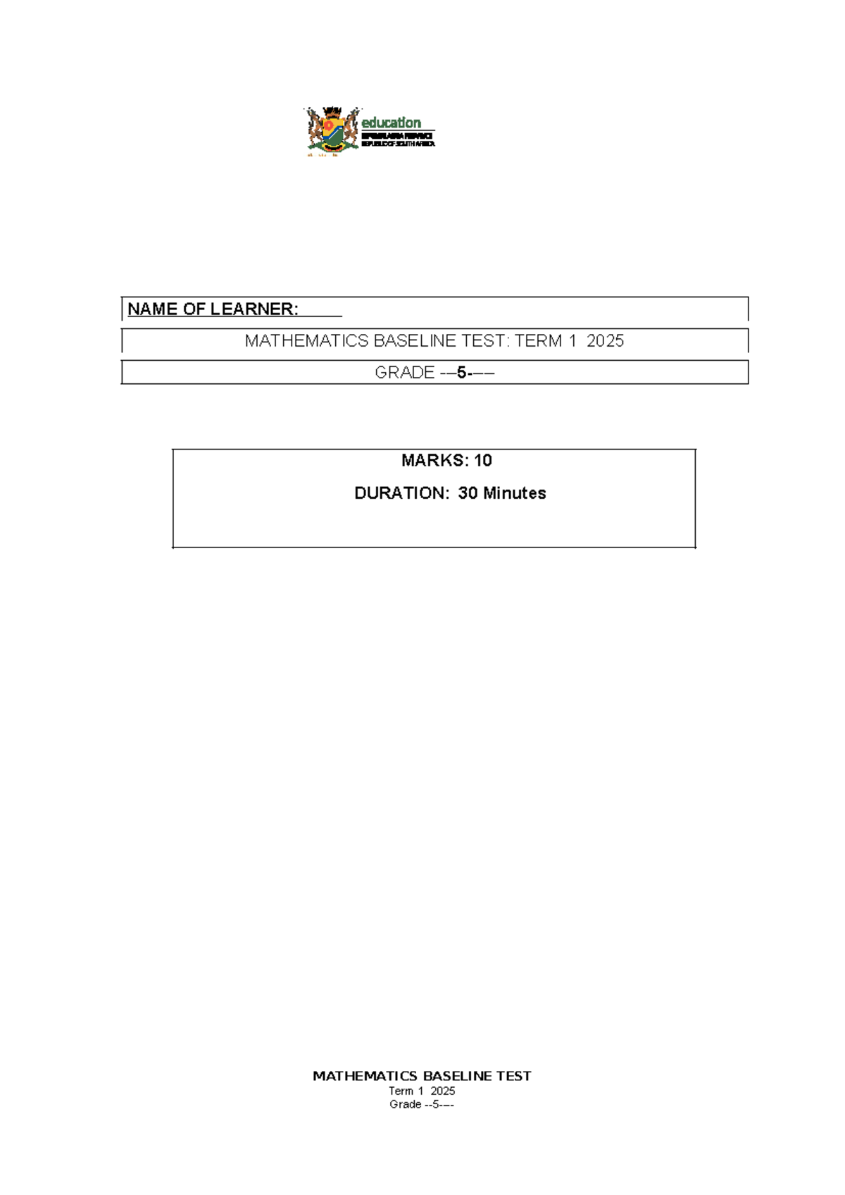 Grade 5 MATHEMATICS BASELINE TEST Term 1 2025 - Studocu