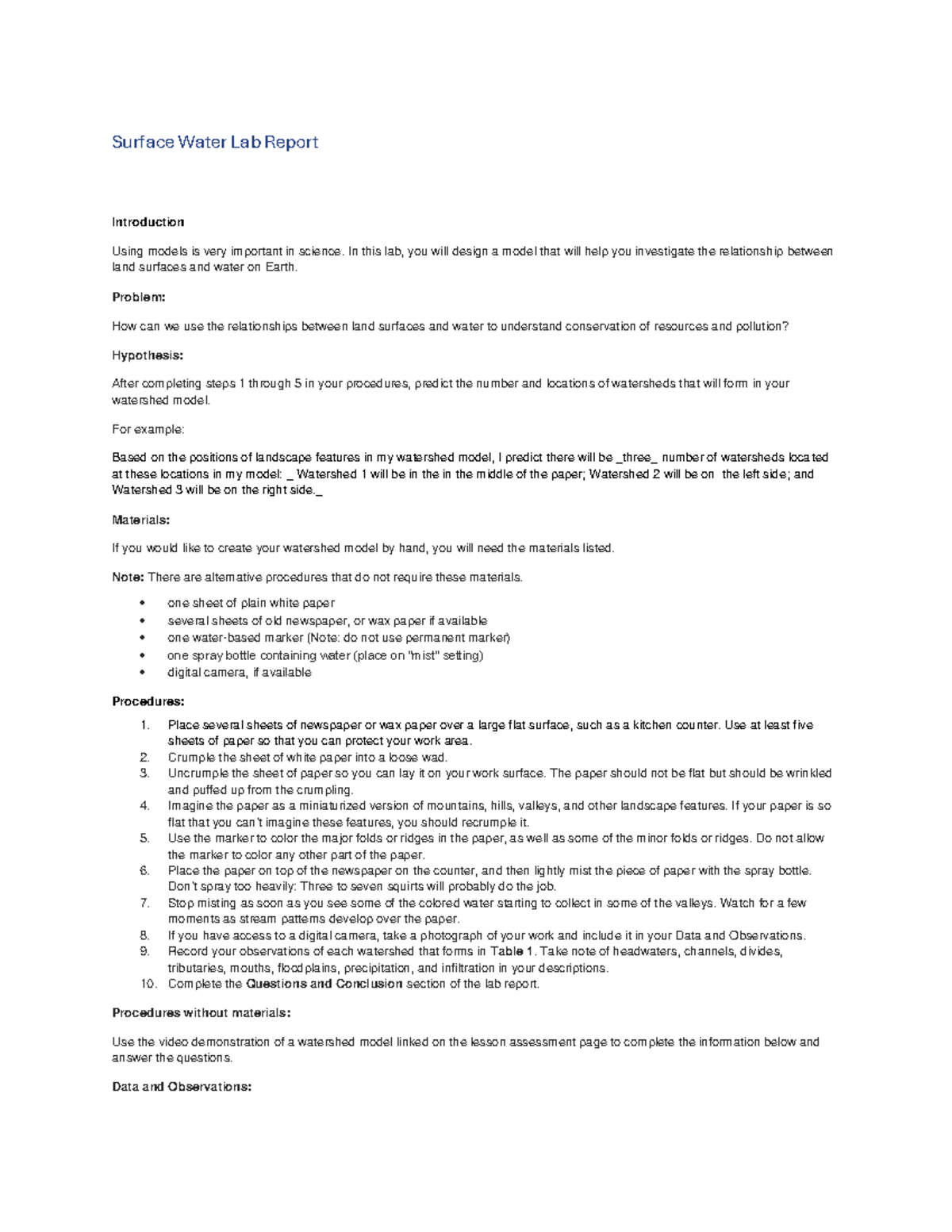 Surface Water Lab Report: Investigating Watershed Models - Studocu