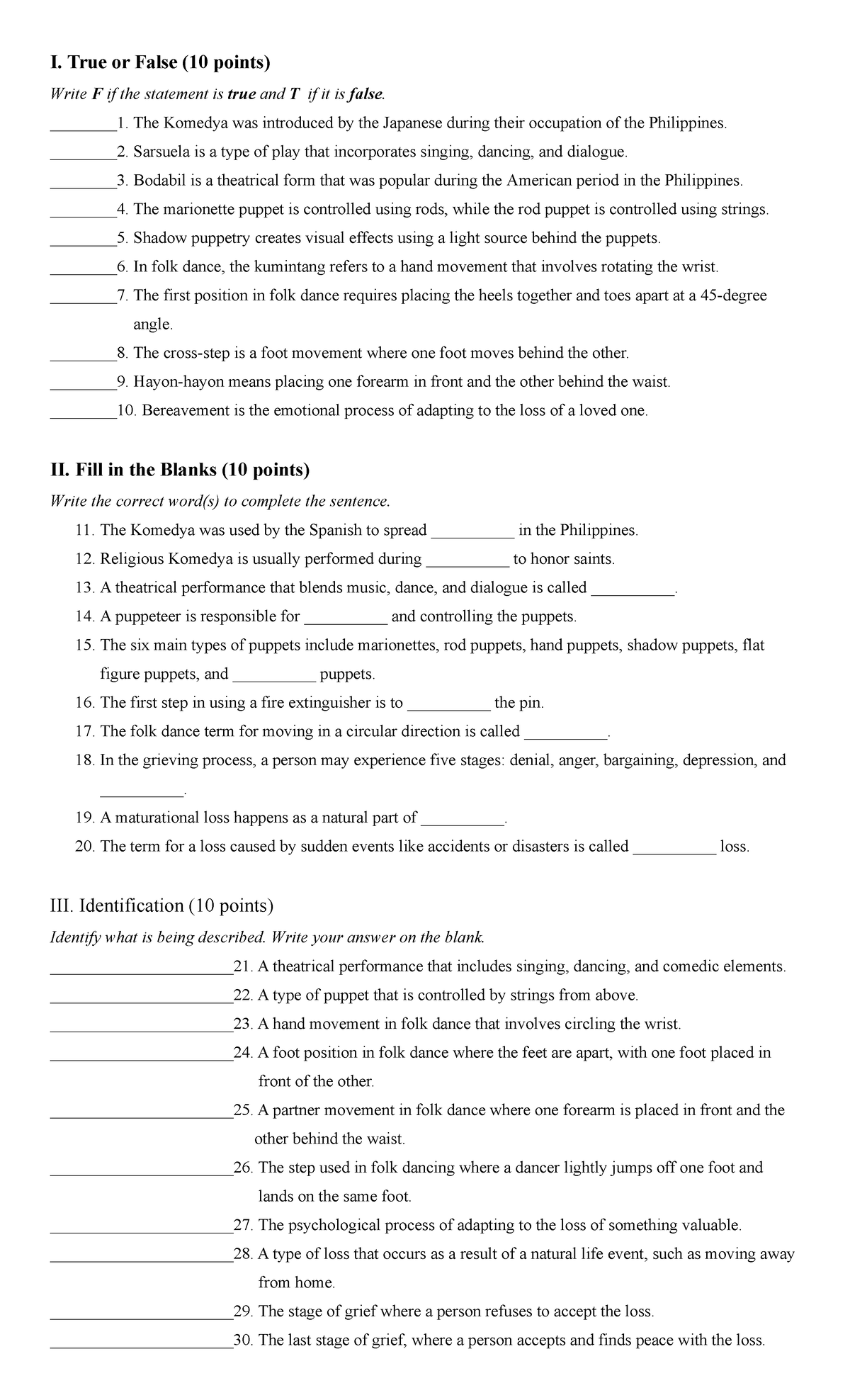 Grade 7 QUIZ - Arts and Culture: Theatre and Dance Concepts - Studocu