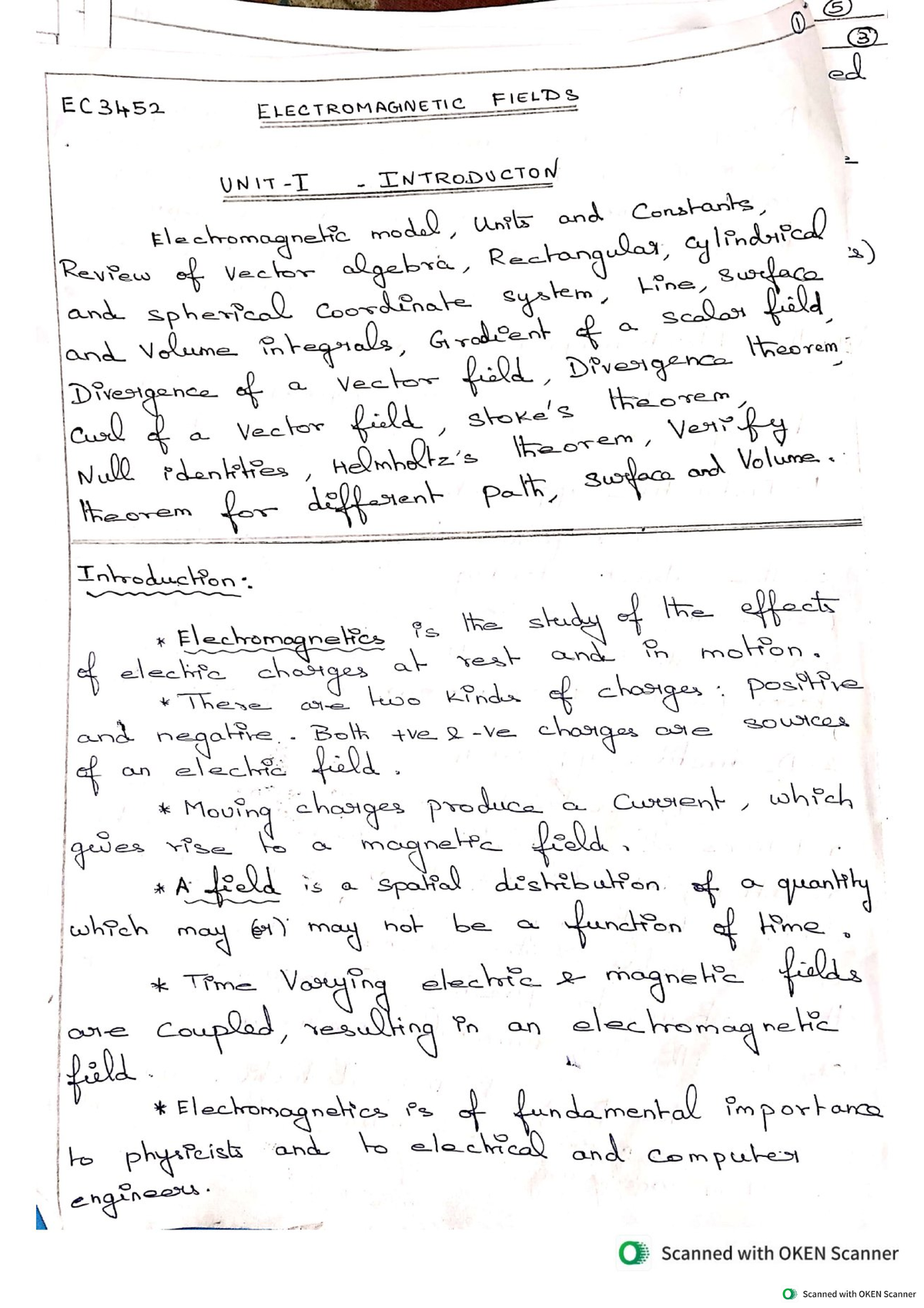 EMF Unit 1 - EC3452 Electromagnetic Fields Review Notes - Studocu