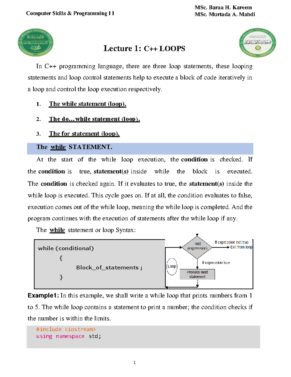 C++ Programming II: Lecture on Loop Control Structures - Studocu