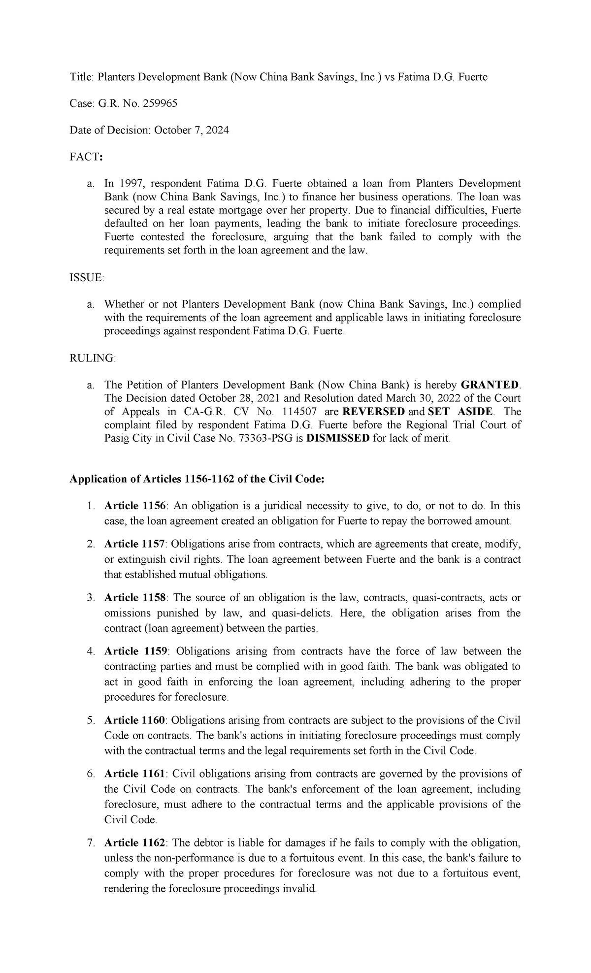Case Summary: Planters Development Bank vs Fatima D. Fuerte (G.R. No ...