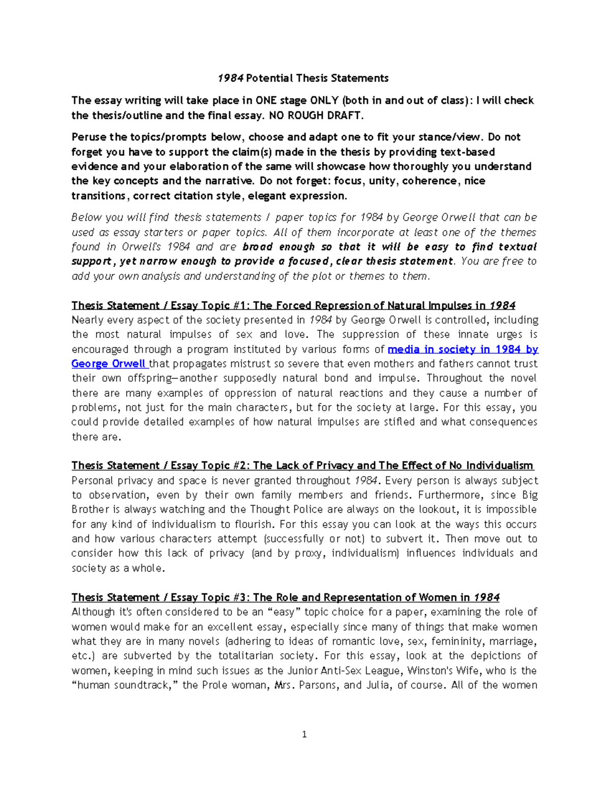 1984 - Essay Thesis Statements and Analysis Guide - Studocu