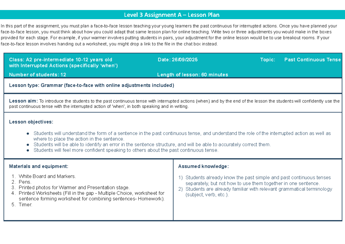 Level 3 Assignment A: Past Continuous Tense Lesson Plan with Online Adjustments - Studocu