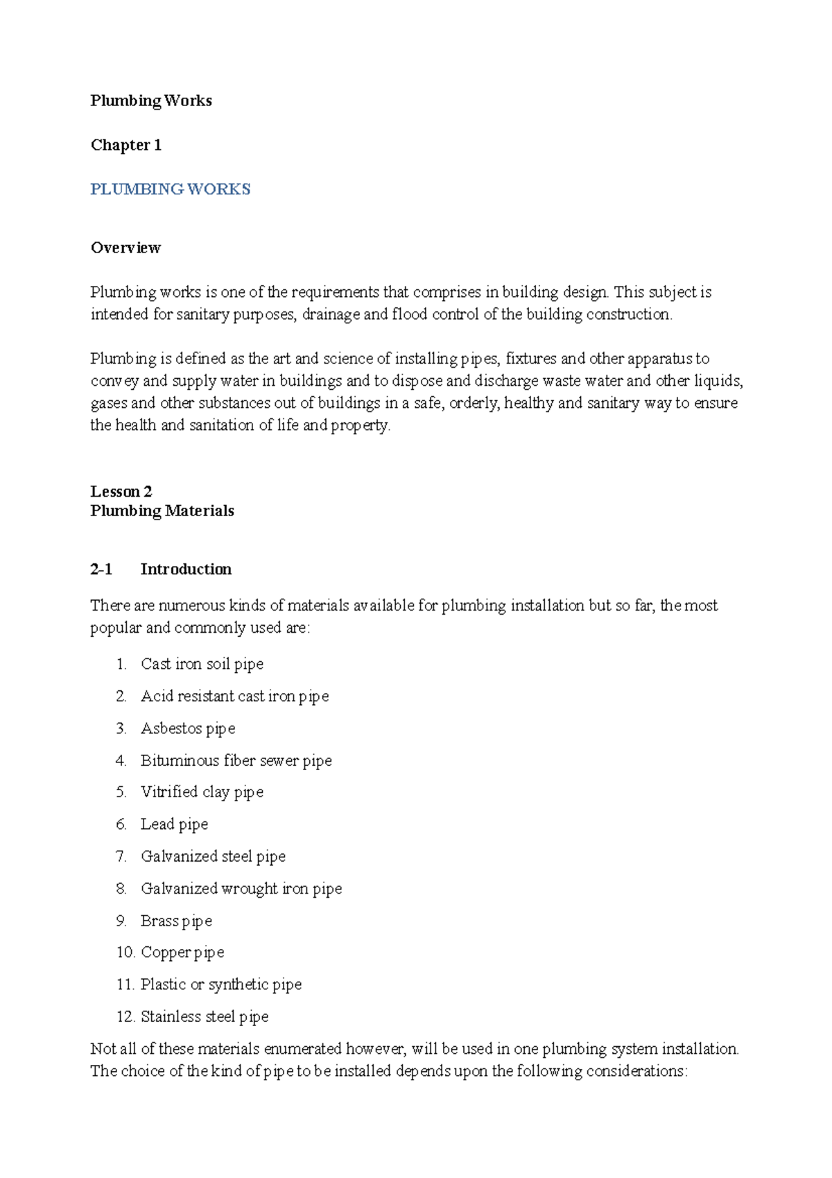 CE115 - Plumbing 2: Lesson on Plumbing Materials and Techniques - Studocu