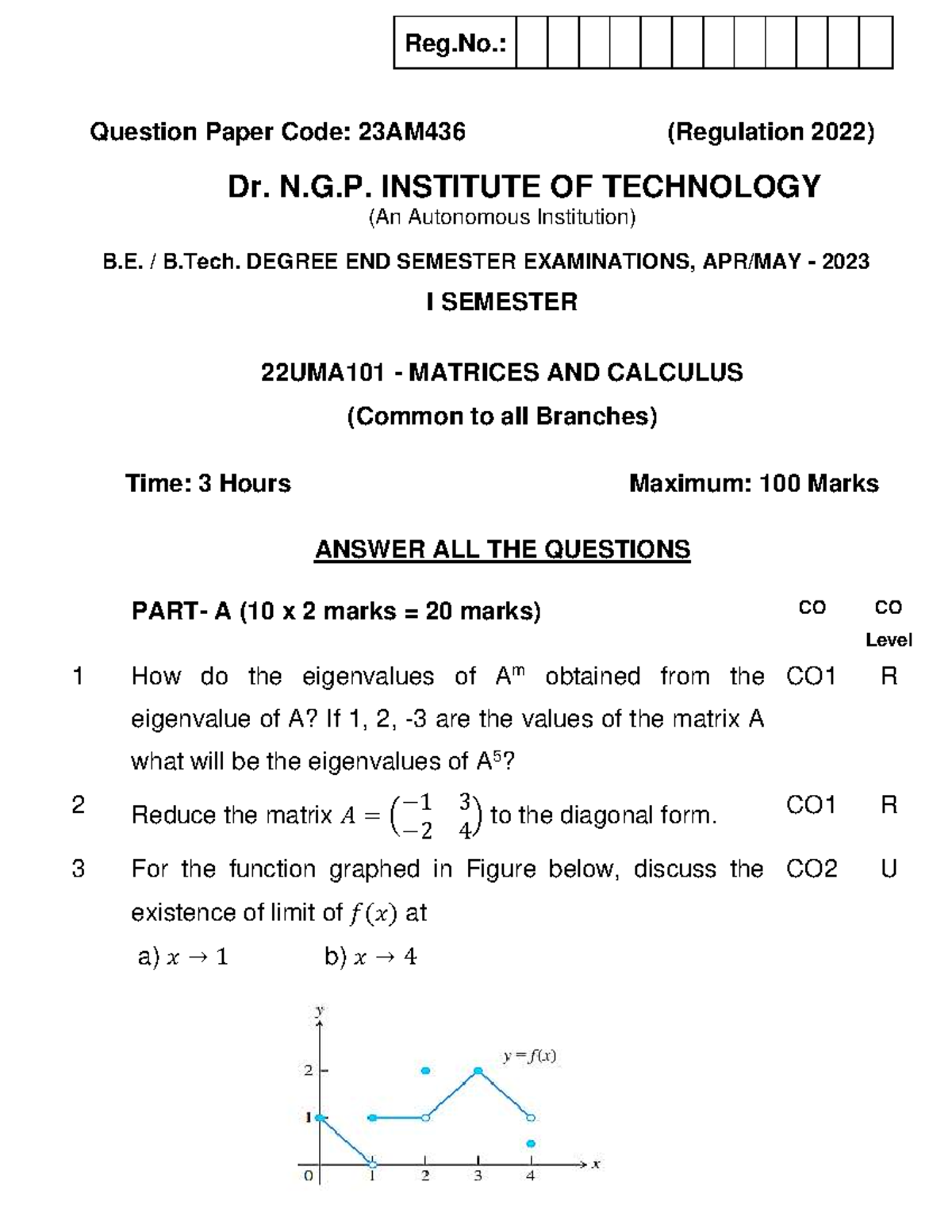 22UMA101 - End Semester Question Paper - Matrices & Calculus - Studocu