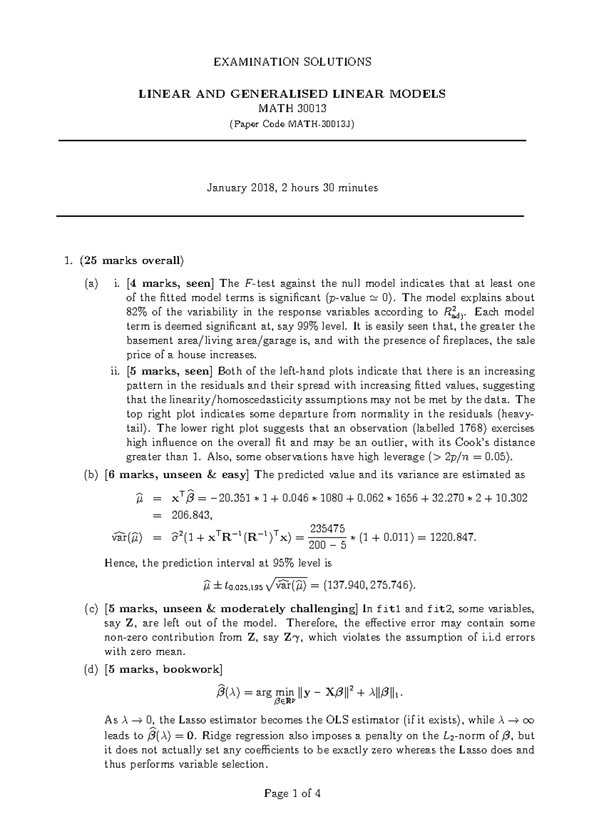 Linear and Generalised Linear Models Exam Solutions 2018 - EXAMINATION ...