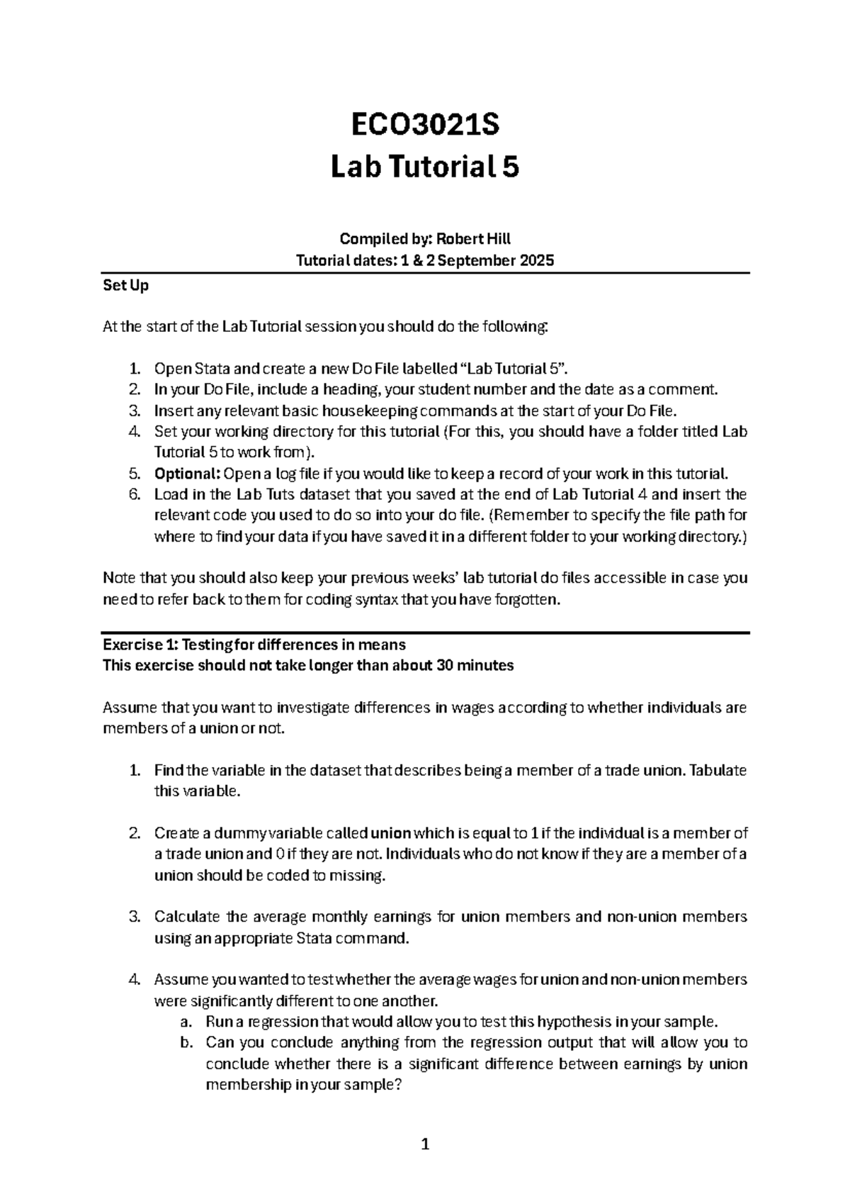 ECO3021S Lab Tutorial 5: Analyzing Wage Differences in Stata - Studocu
