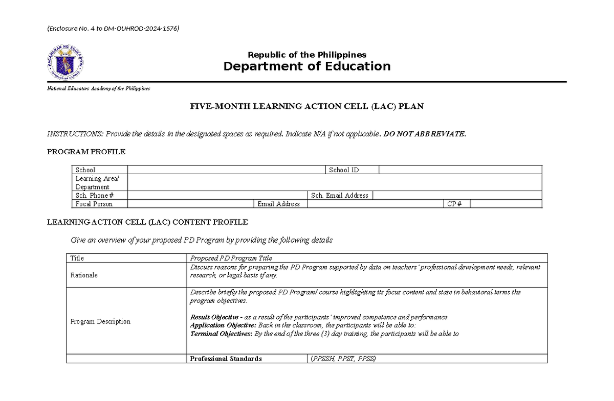 LAC PLAN Template for Professional Development Program - Studocu