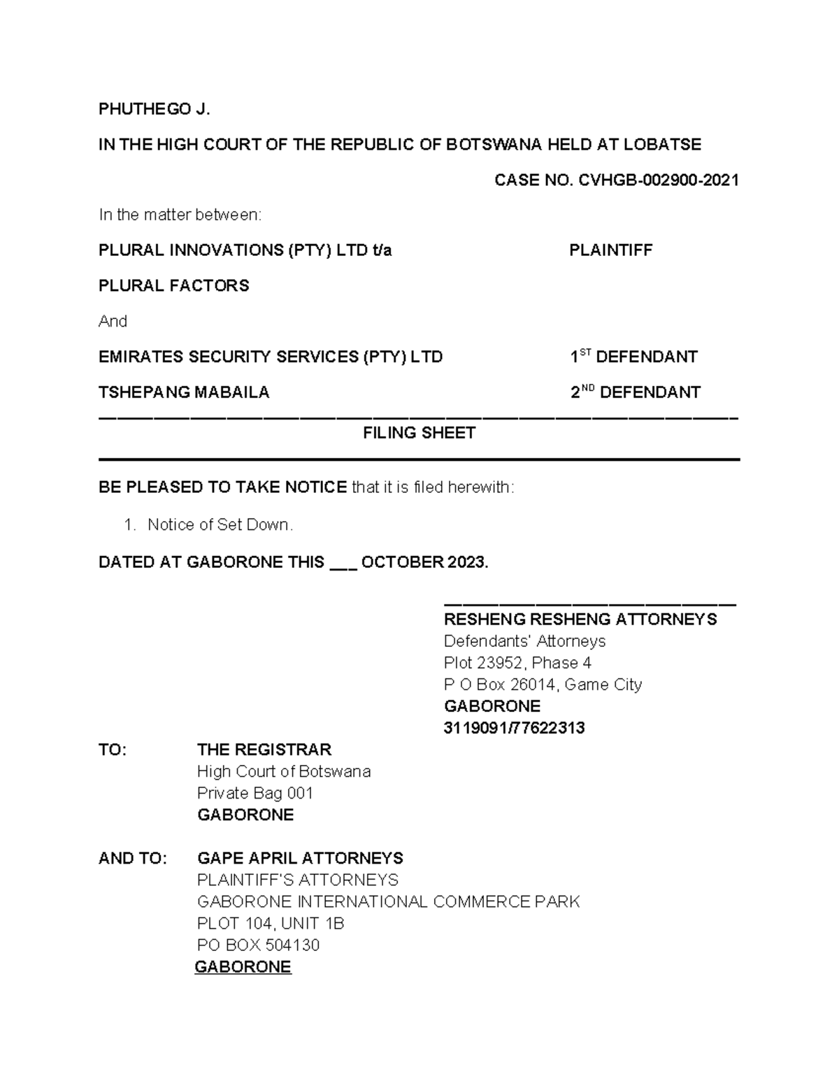 Notice of Set Down - Final Case Management Conference CVHGB-002900 ...