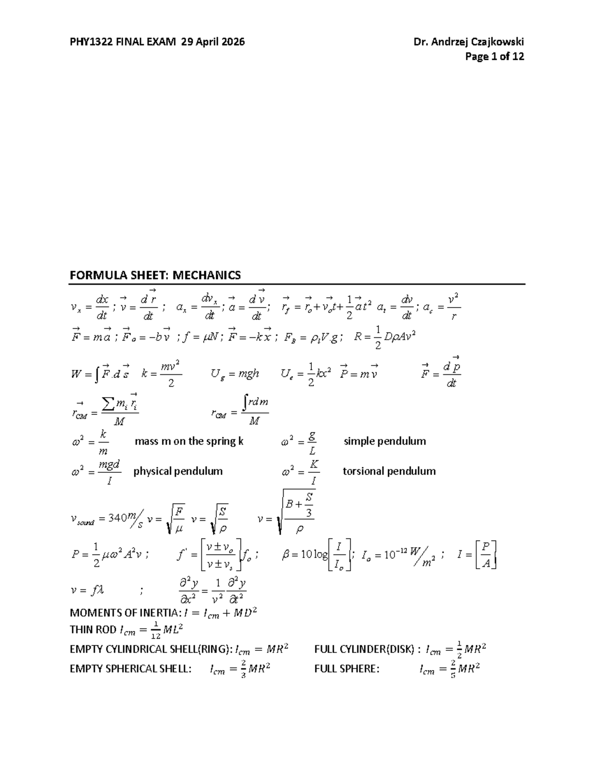 PHY1322 FINAL EXAM 2026 Formula Sheet: Mechanics & Constants - Studocu