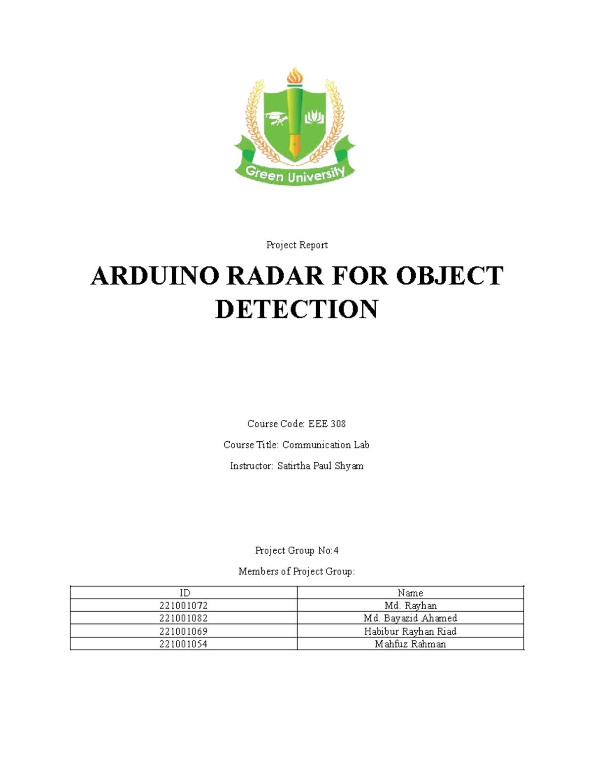 Project Report: ARDUINO RADAR for Object Detection (Course Code: 308 ...