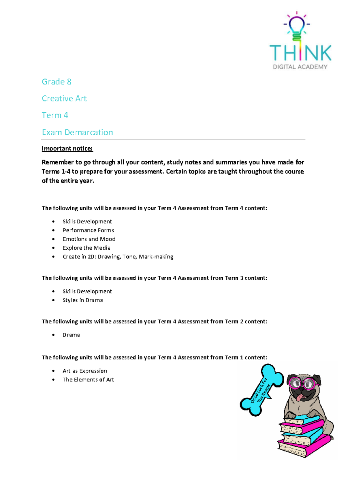 Grade 8 Creative Art Term 4 Exam Assessment Demarcation - Studocu