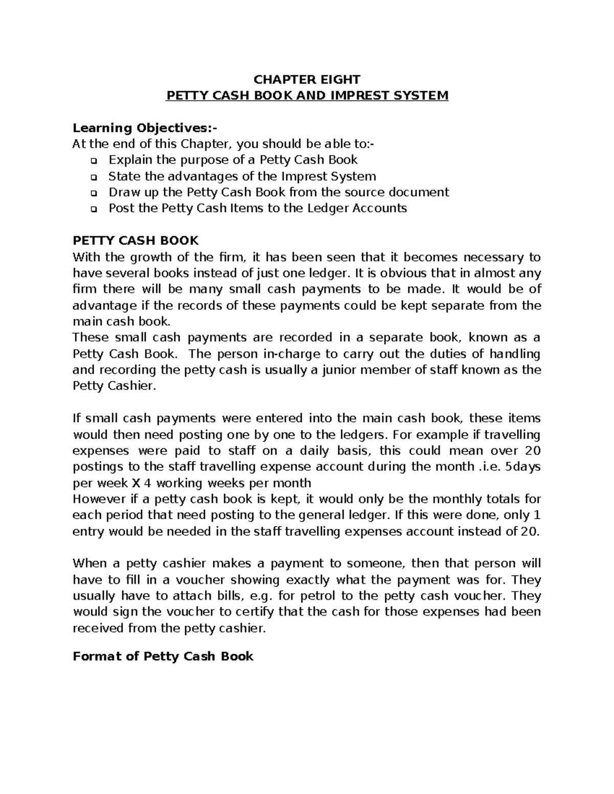 Petty Cash Book & Imprest System: A Detailed Study (Acct 101) - Studocu
