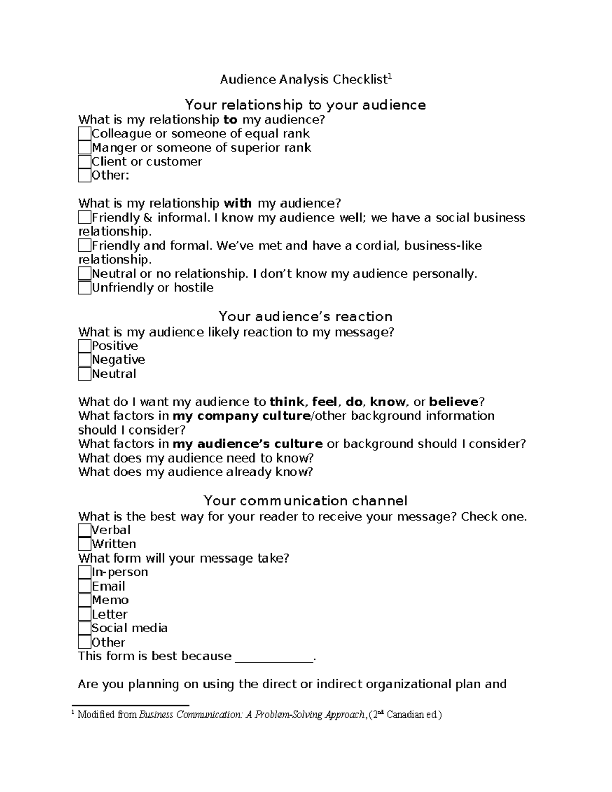 Audience Analysis Checklist for Effective Communication - Studocu