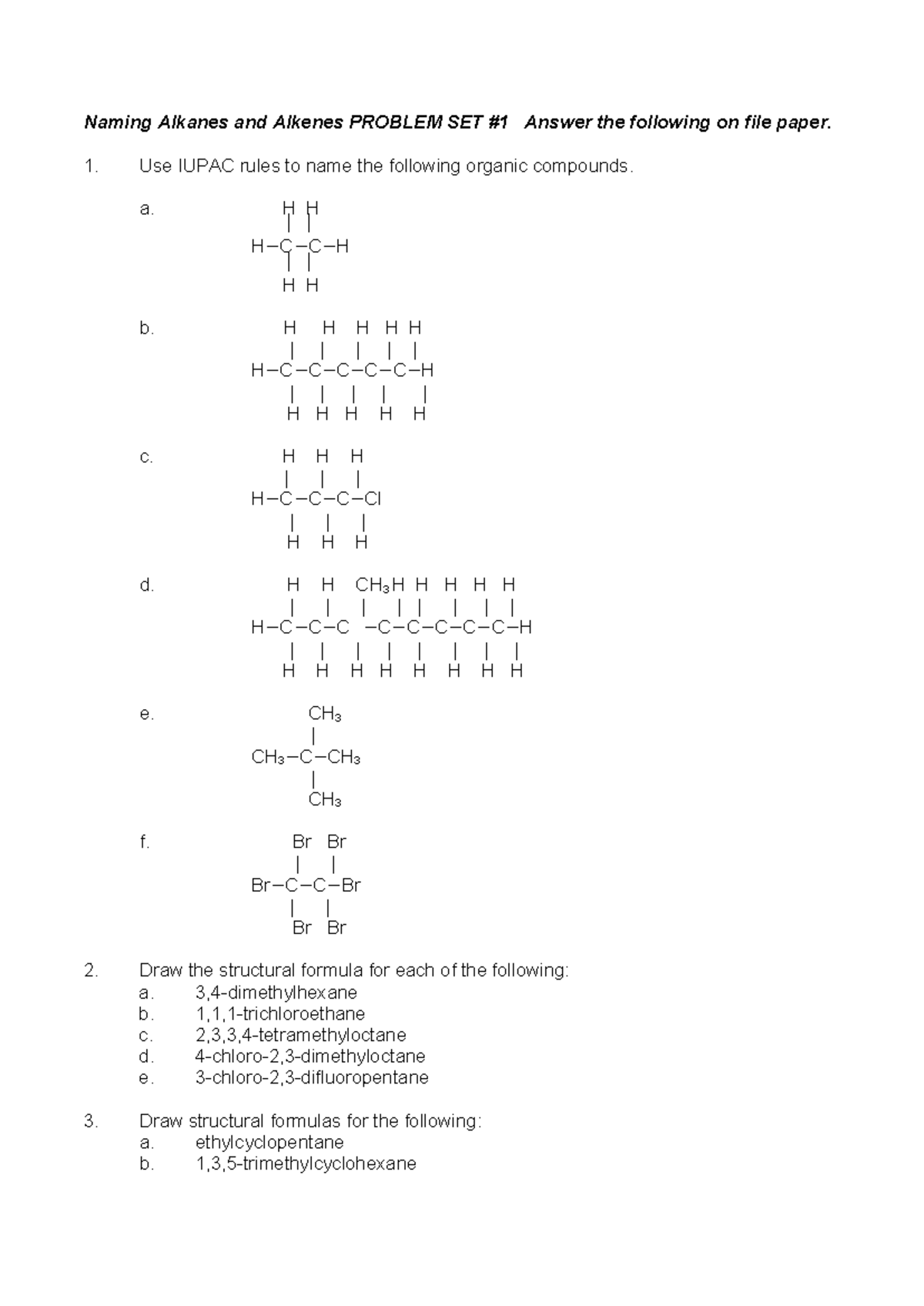 Naming Alkane and Alkene Questions - Naming Alkanes and Alkenes PROBLEM ...