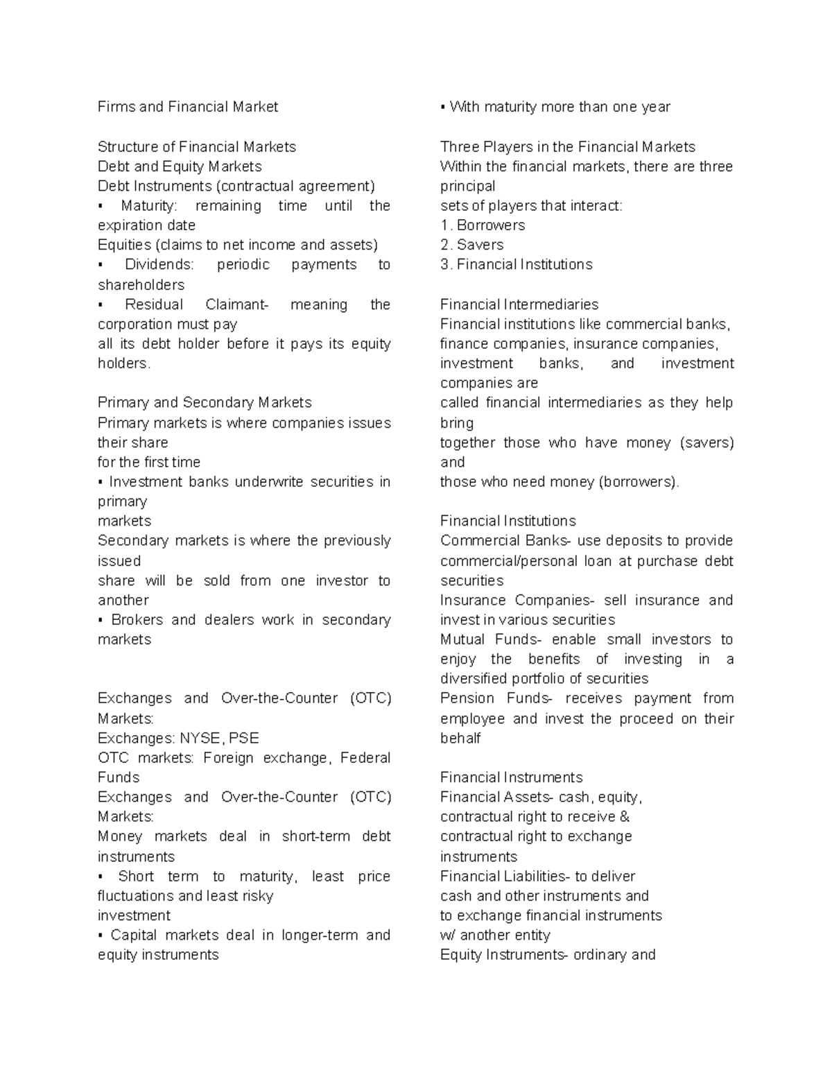 Firms and Financial Markets: Debt & Equity Overview (FIN 101) - Studocu