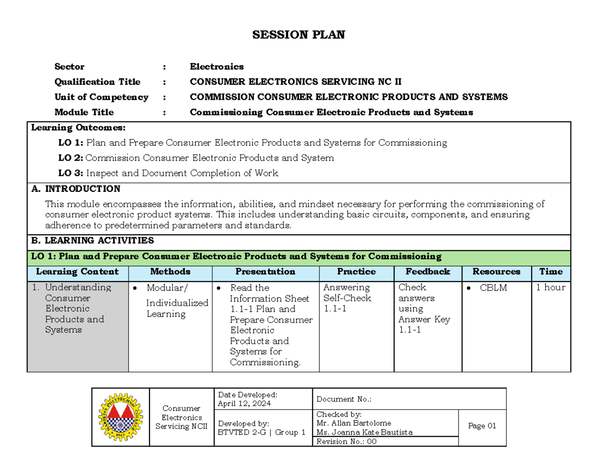 Session Plan: Commissioning Consumer Electronics NC II - Group 1 - Studocu