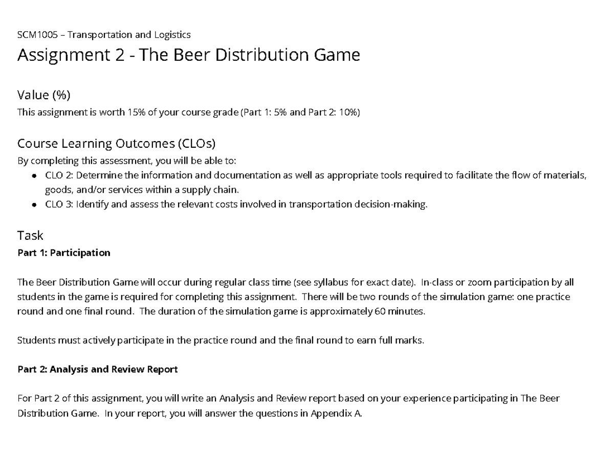 SCM1005 – Assignment 2: Analysis of the Beer Distribution Game - Studocu