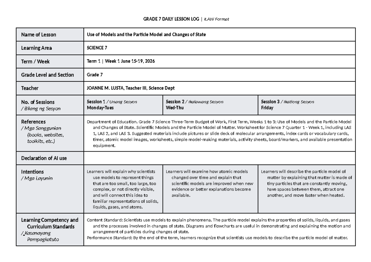 GRADE 7 SCIENCE ILAW DAILY LESSON LOG: MODELS & PARTICLE MODEL - Studocu