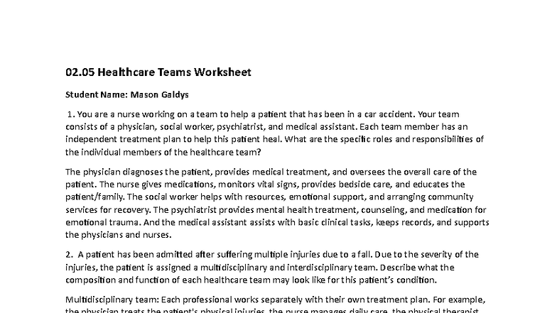 02.05 Healthcare Teams Worksheet: Roles & Dynamics in Patient Care ...