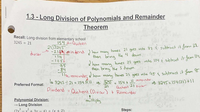 1.3 Long Division of Polynomials & Remainder Theorem - MHF4U - Studocu